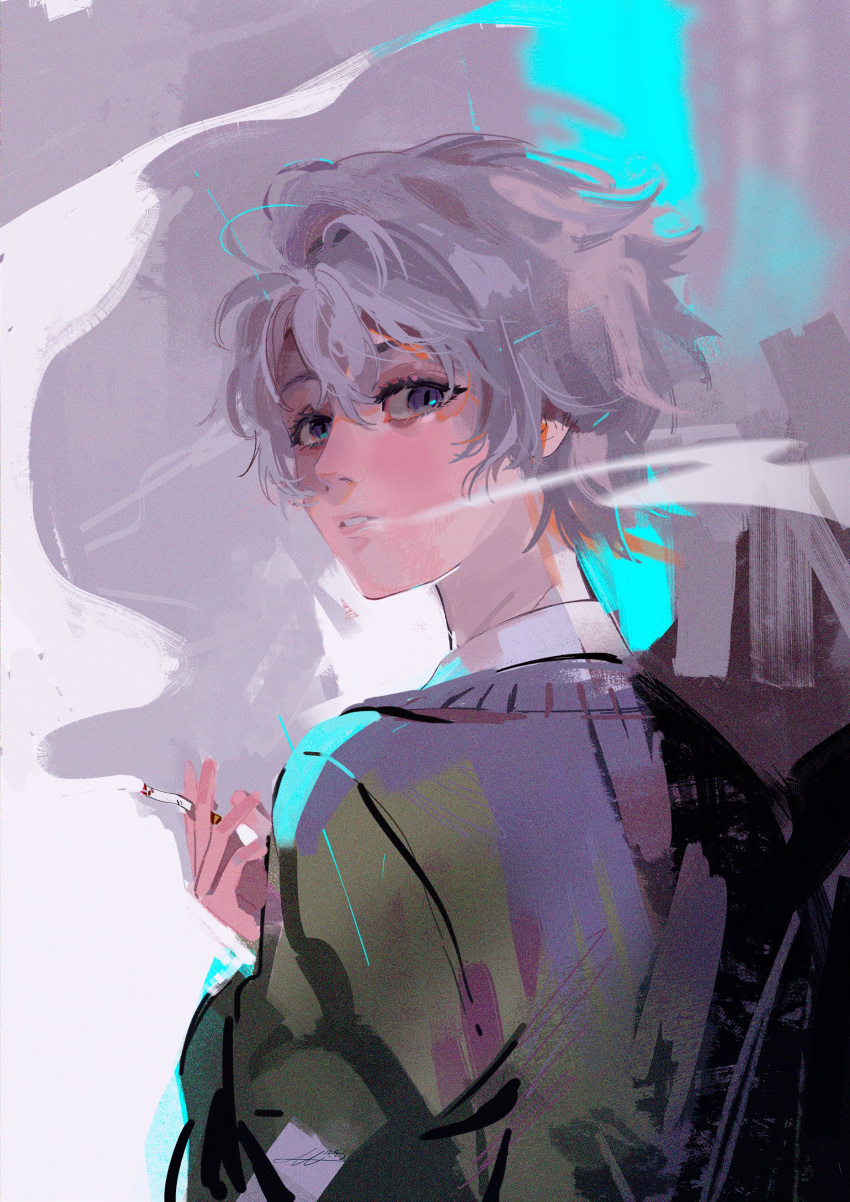 Safebooru - 1boy absurdres bishounen blowing smoke cardigan cigarette from behind grey eyes ...