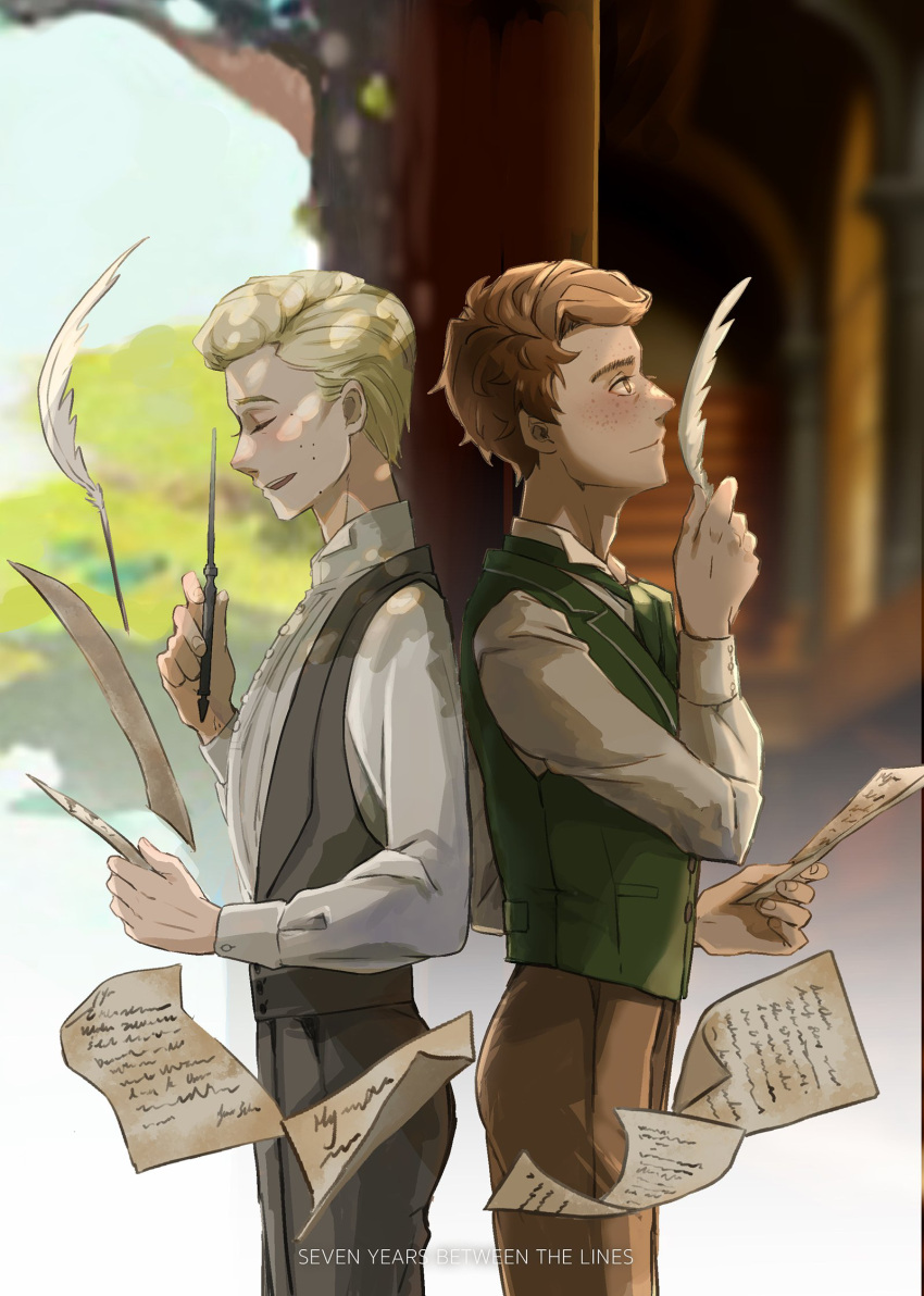 Safebooru - 2boys back-to-back blonde hair brown hair closed eyes ...