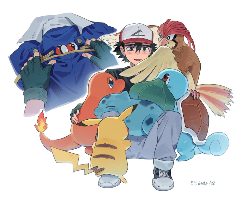 Safebooru - 1boy ash ketchum back baseball cap bird black eyes black ...