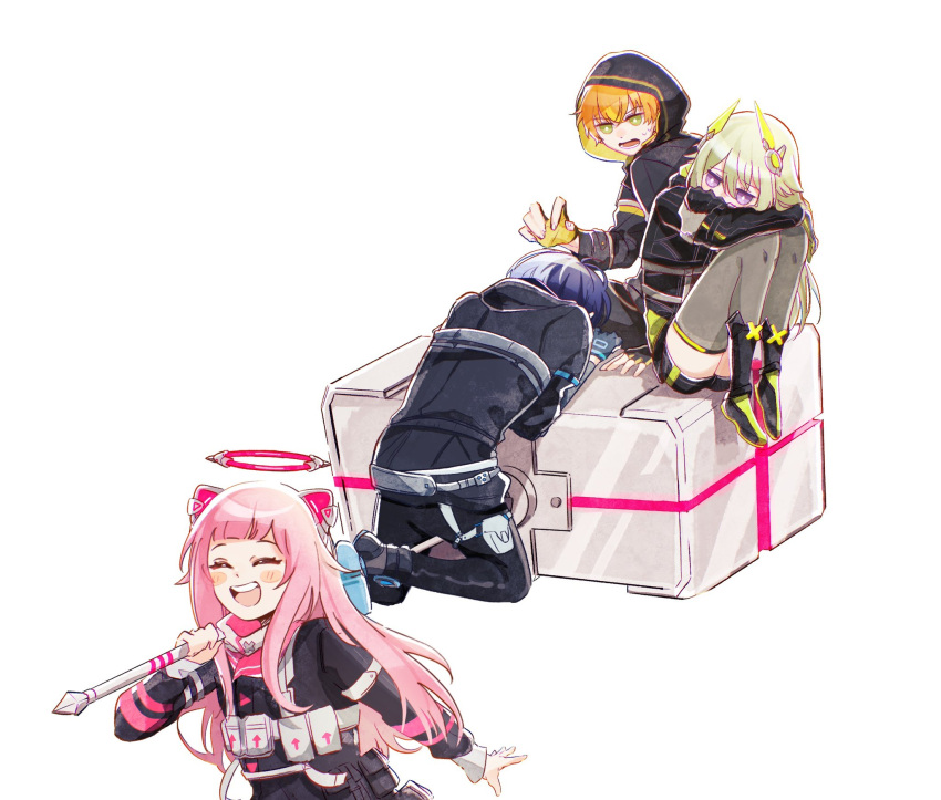 Safebooru - 2boys 2girls aoyagi touya black dress black footwear black jacket black shorts boots ...