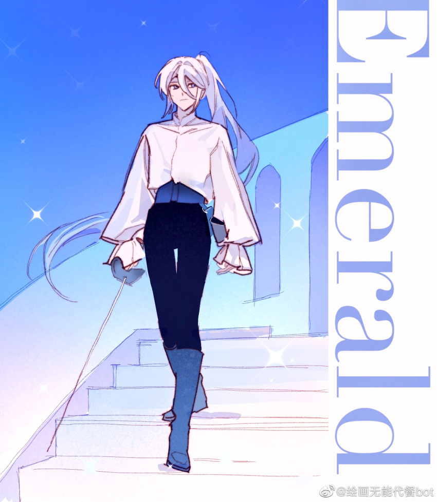 Safebooru - 1boy absurdres arms at sides black pants blue background blue footwear boots cael ...