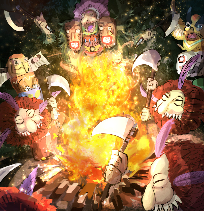Safebooru - 5boys axe bonfire dancing duel monster fire hade-hane hane ...