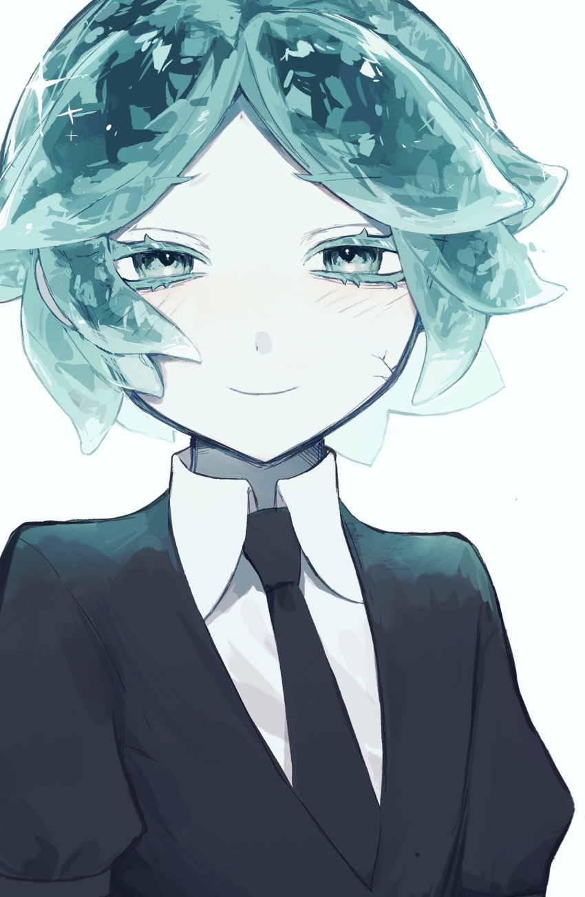 Safebooru - 1girl androgynous aqua eyes aqua hair arms at sides black jacket black necktie ...