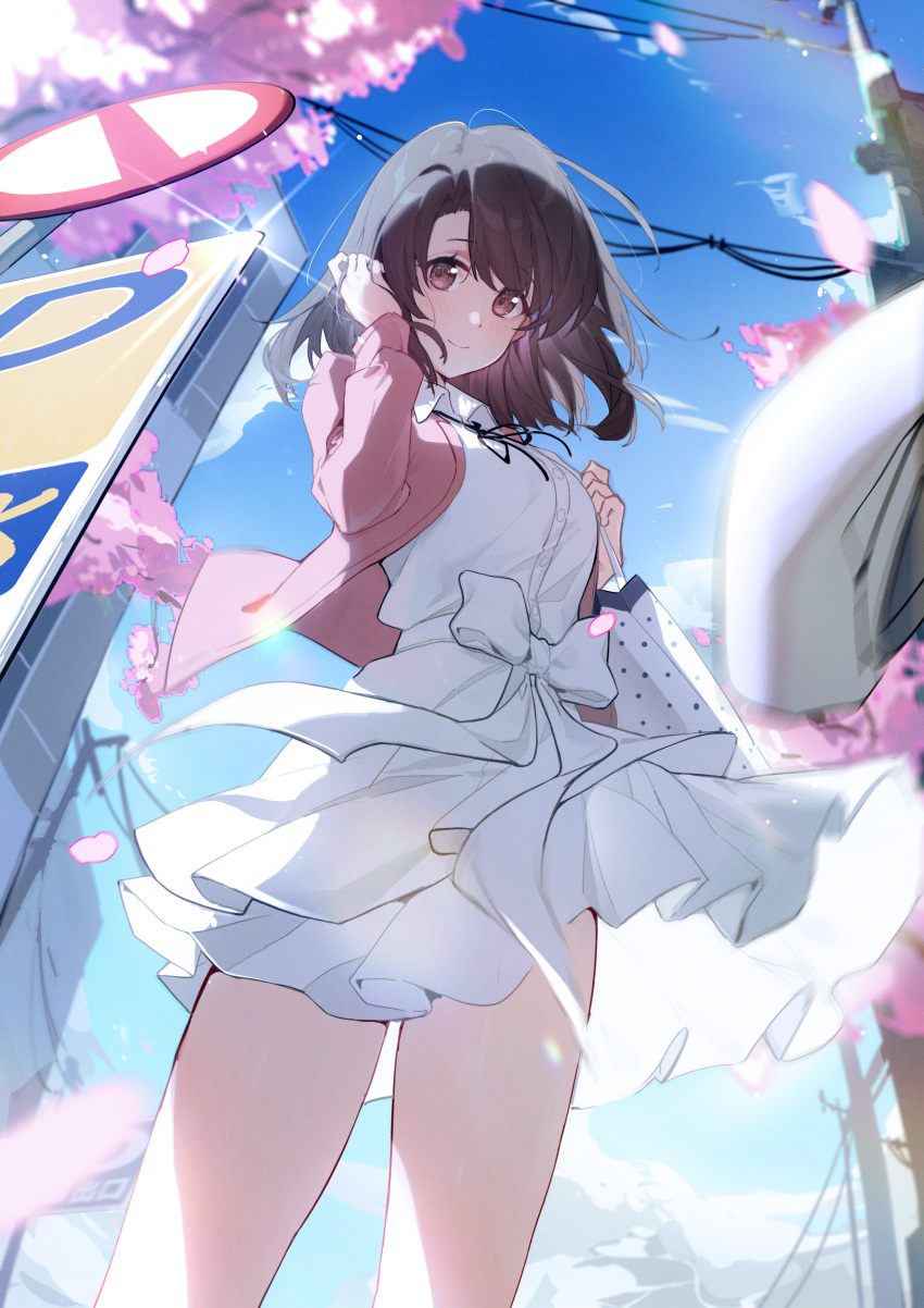 Safebooru - 1girl absurdres adjusting hair bag black ribbon blue sky blurry blush brown eyes ...