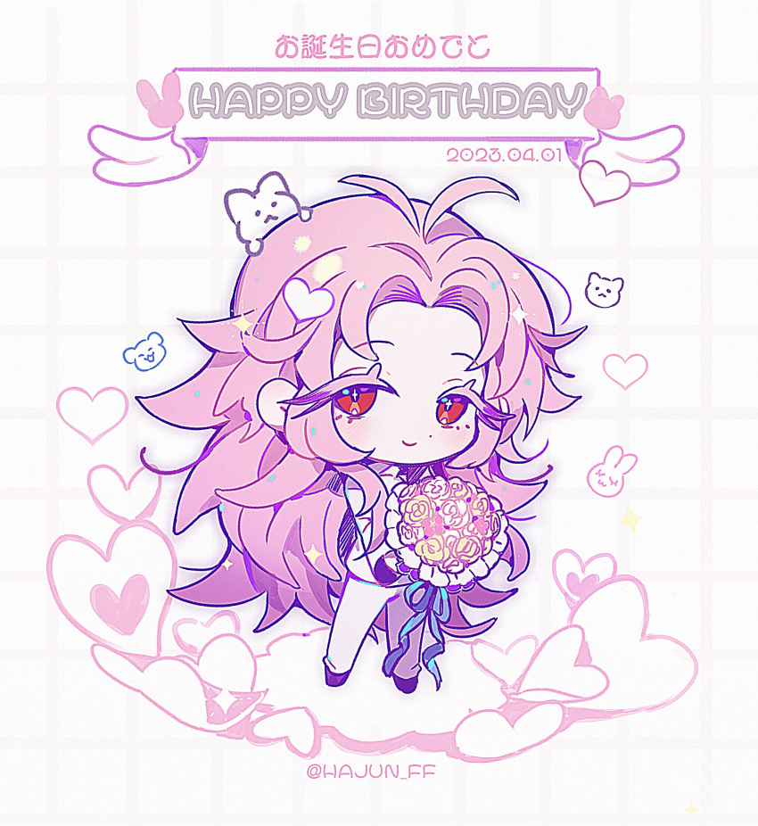 Safebooru - 1boy antenna hair bilingual black footwear bouquet chibi ...