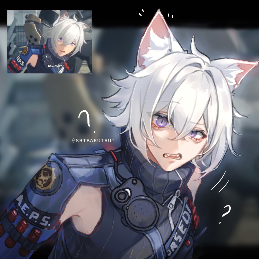 Safebooru - 1boy ? animal ear fluff animal ears armpits black sweater cat boy cat ears fang game ...