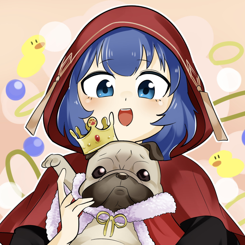 Safebooru - 1girl animal blue eyes blue hair cape crown dog duel ...
