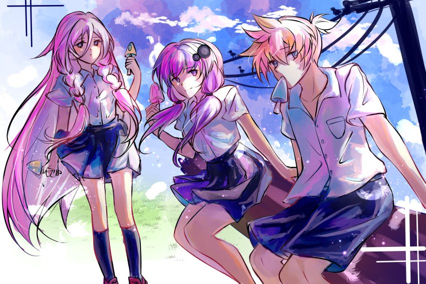 Safebooru - 1boy 2girls absurdres cevio clouds cloudy sky food harem hetero highres ia (vocaloid ...