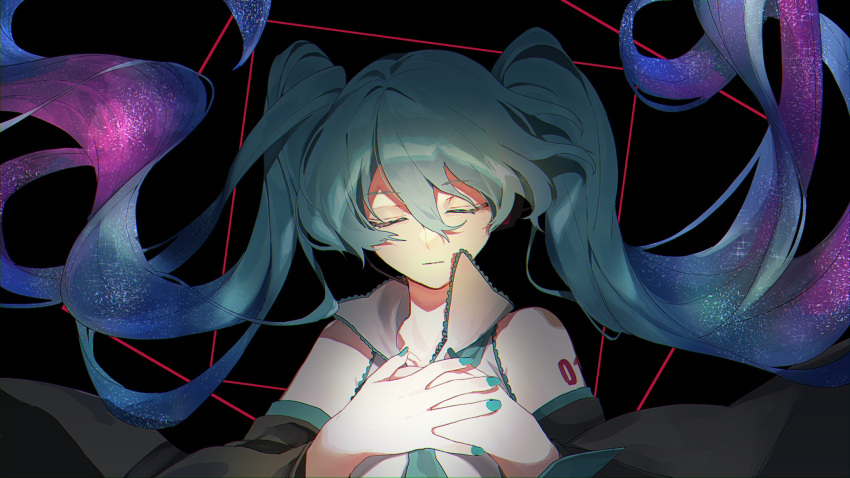 Safebooru - 1girl bare shoulders black background black sleeves blue hair blue nails blue ...