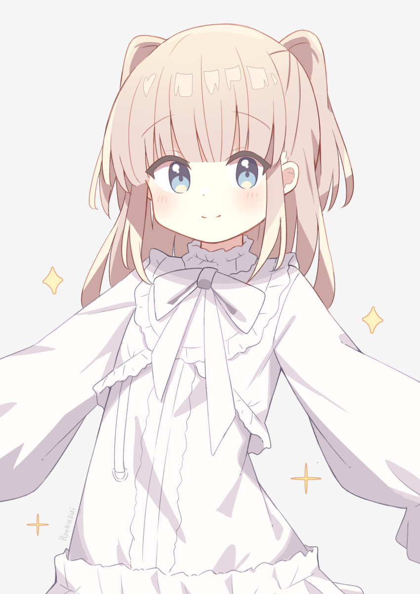 Safebooru - 1girl blue eyes blush closed mouth commentary request dress grey background highres ...