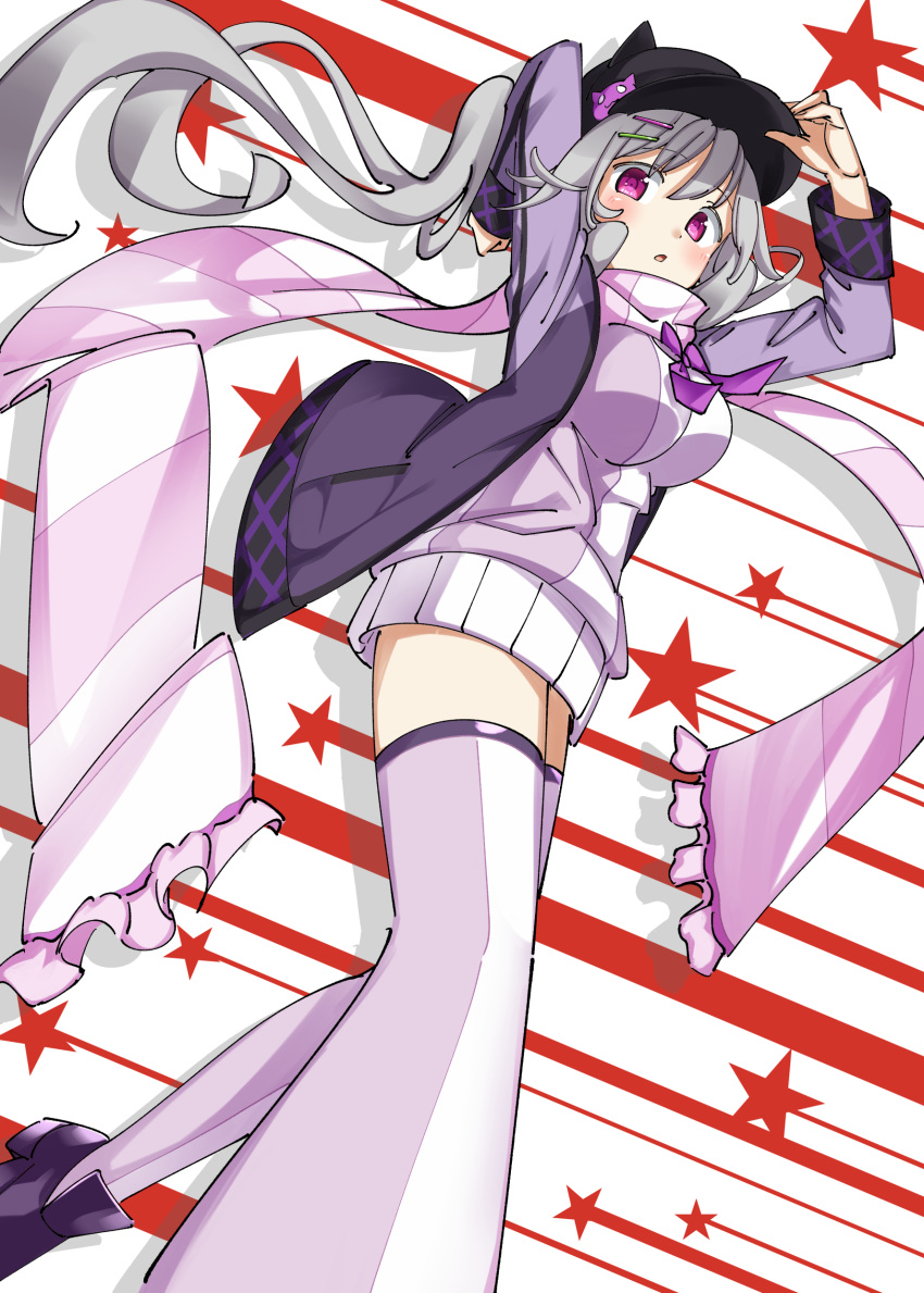 Safebooru - 1girl absurdres adjusting hair animal ear headwear arms up black hat blush bow ...