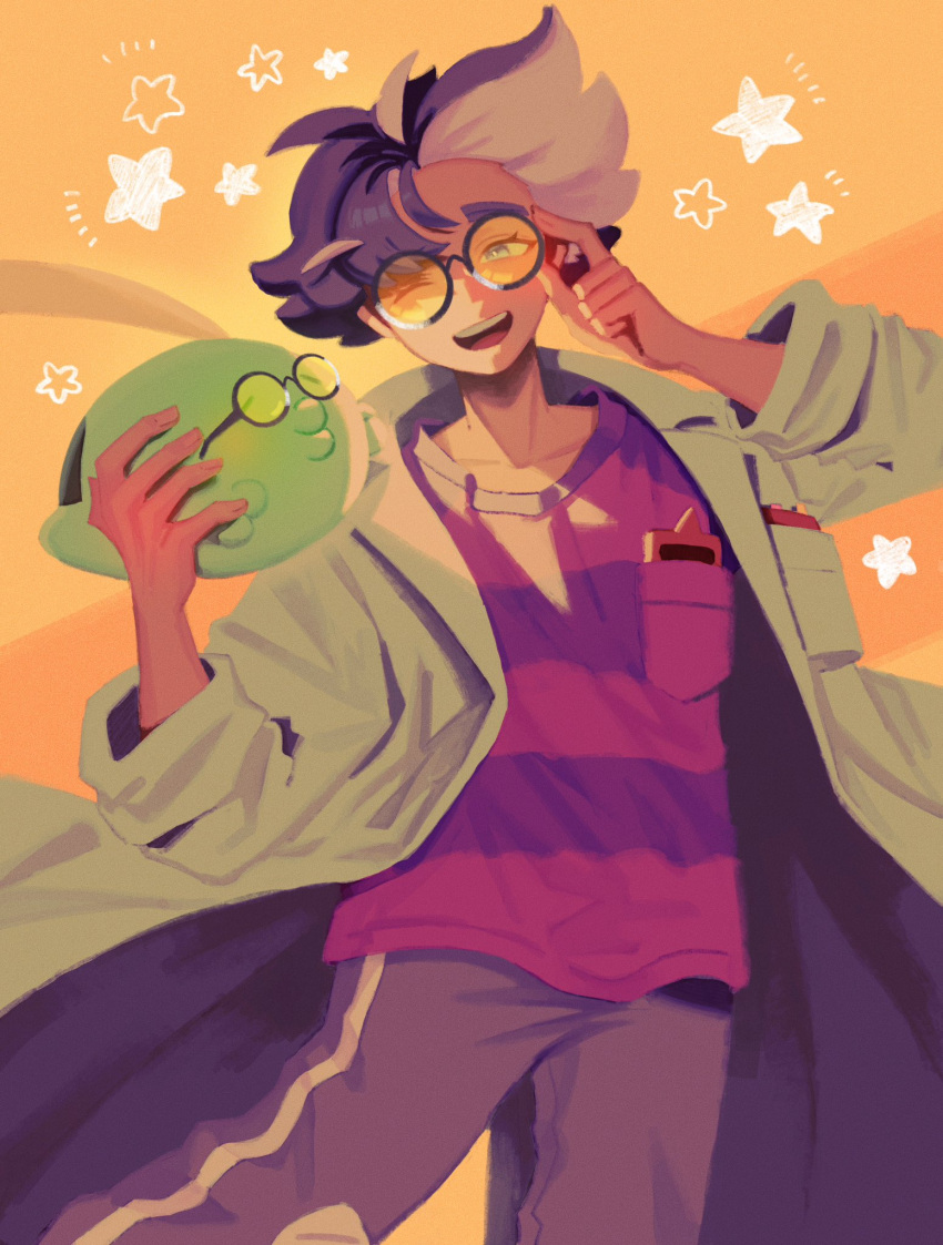 Safebooru - 1boy adjusting eyewear artist request blue eyes breast ...