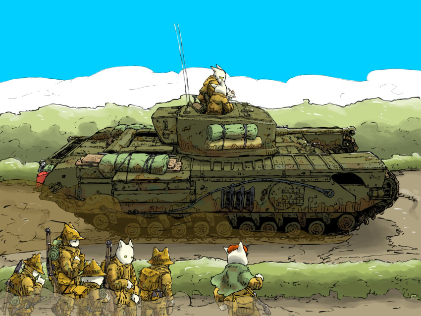 Safebooru - 6+boys animal ears beret blue sky bolt action cannon ...