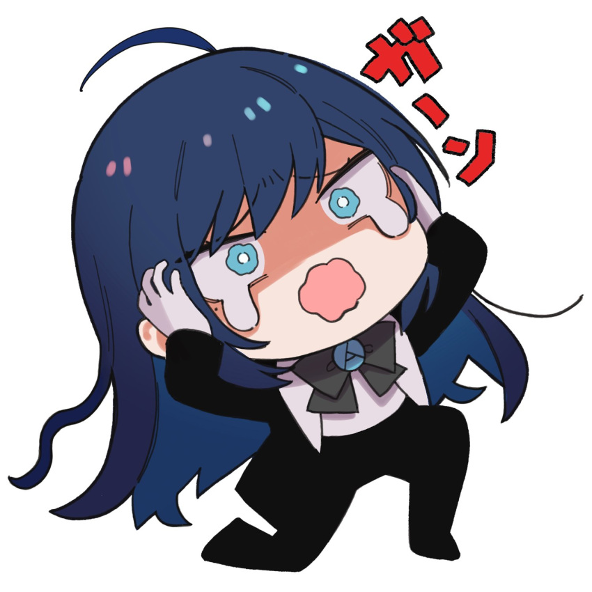 Safebooru - 1girl ado (utaite) ahoge black bow black bowtie black coat black pants blue eyes ...