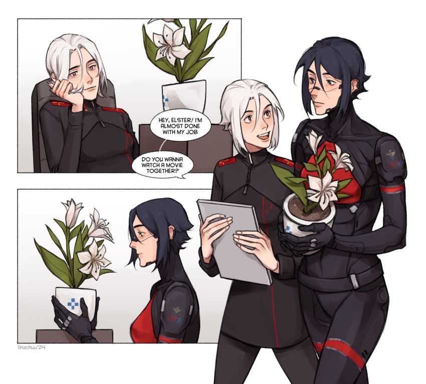 Safebooru - 2girls android ariane yeong black hair blue eyes cyberpunk ...