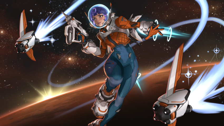 Safebooru - 1girl blue suit flying gloves gun helmet highres holding ...