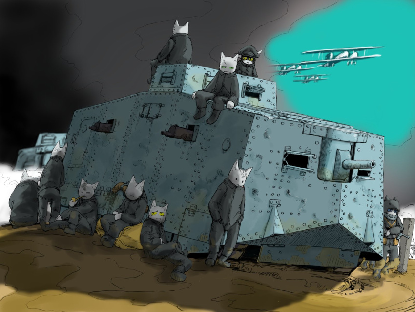 Safebooru - 6+boys a7v (tank) aircraft airplane biplane blue sky cannon ...