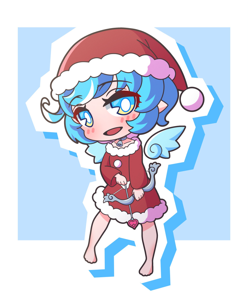 Safebooru - 1girl :d absurdres arrow (projectile) barefoot blue background blue eyes blue hair ...