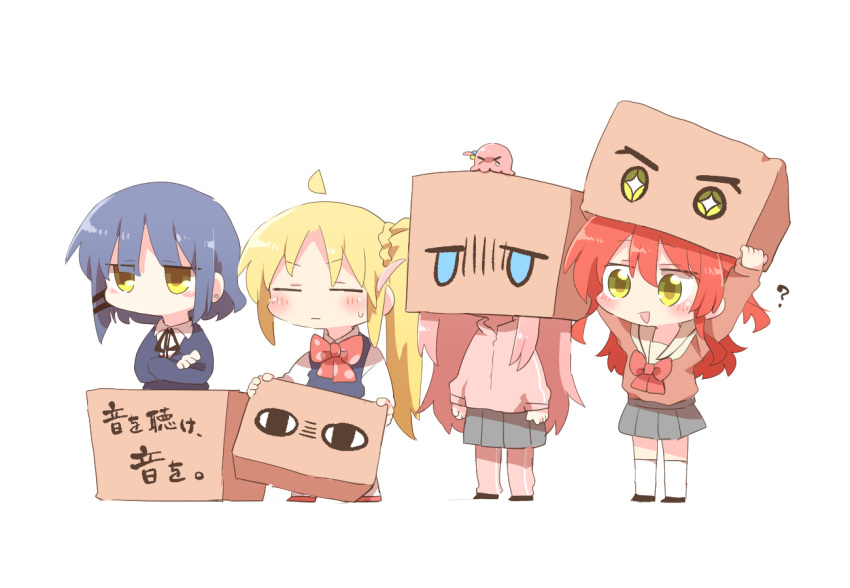 Safebooru - + + 4girls :d ? ahoge arms up black footwear blonde hair blue hair blue sweater ...