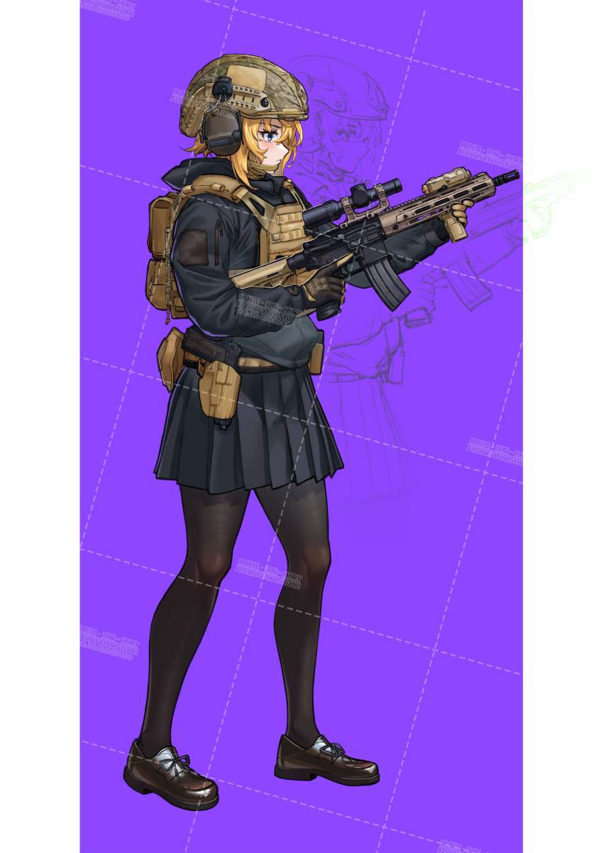 Safebooru - 1girl absurdres backpack bag black pantyhose blonde hair grey eyes gun headgear ...
