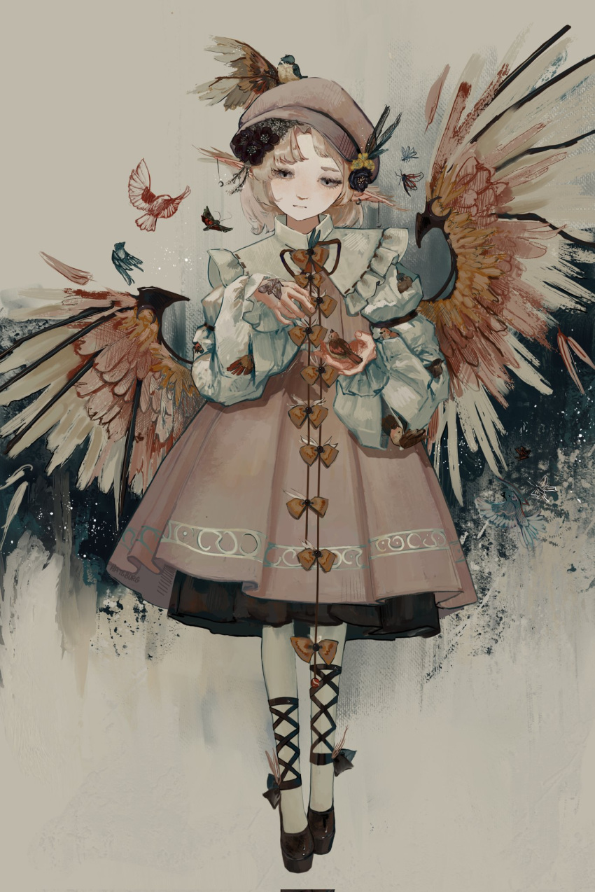 Safebooru - 1girl adapted costume animal on head arm cutout bird bird on hand bird on head bird ...