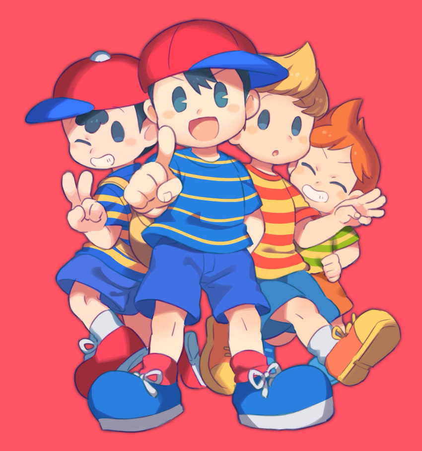 Safebooru - 4boys :d :o ^ ^ arm behind back backpack bag baseball cap ...