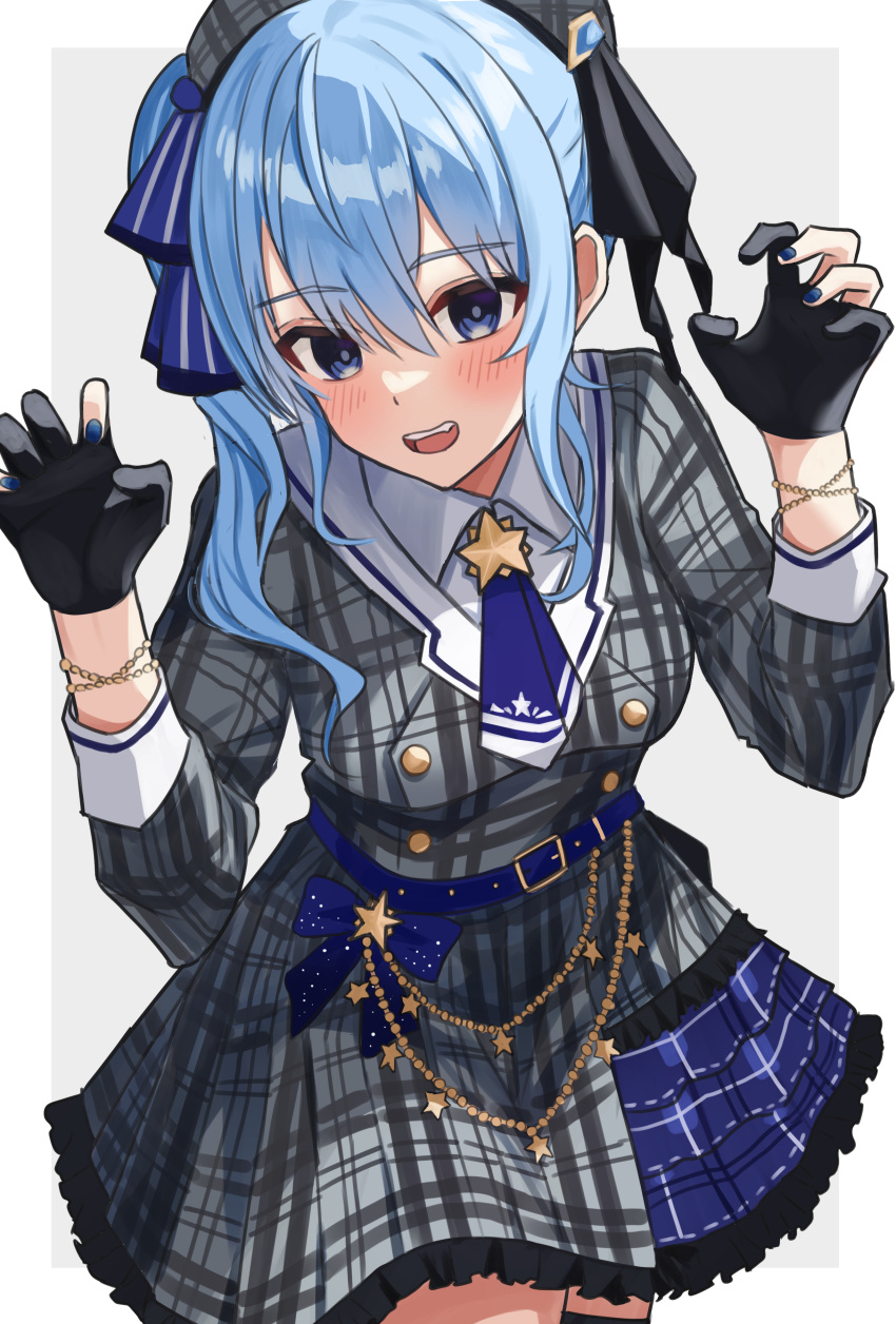 Safebooru - 1girl absurdres belt beret black gloves blue belt blue hair blue nails blue ribbon ...
