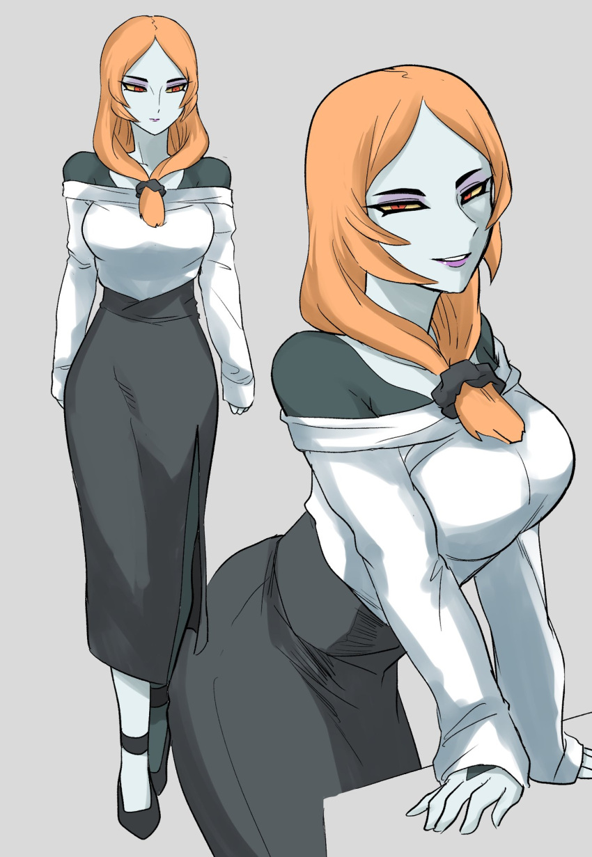 Safebooru - 1girl alternate costume bare shoulders black footwear black skirt breasts grey ...