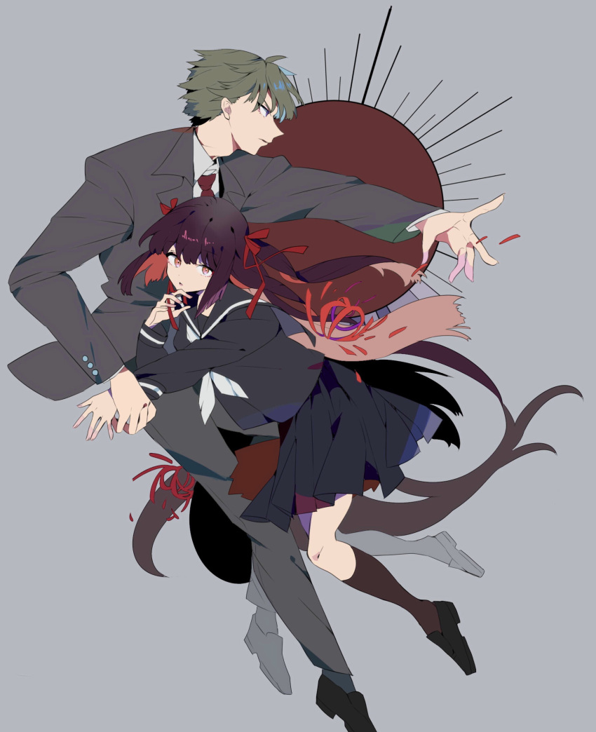 Safebooru - 1boy 1girl black hair black serafuku formal grey hair hair ...
