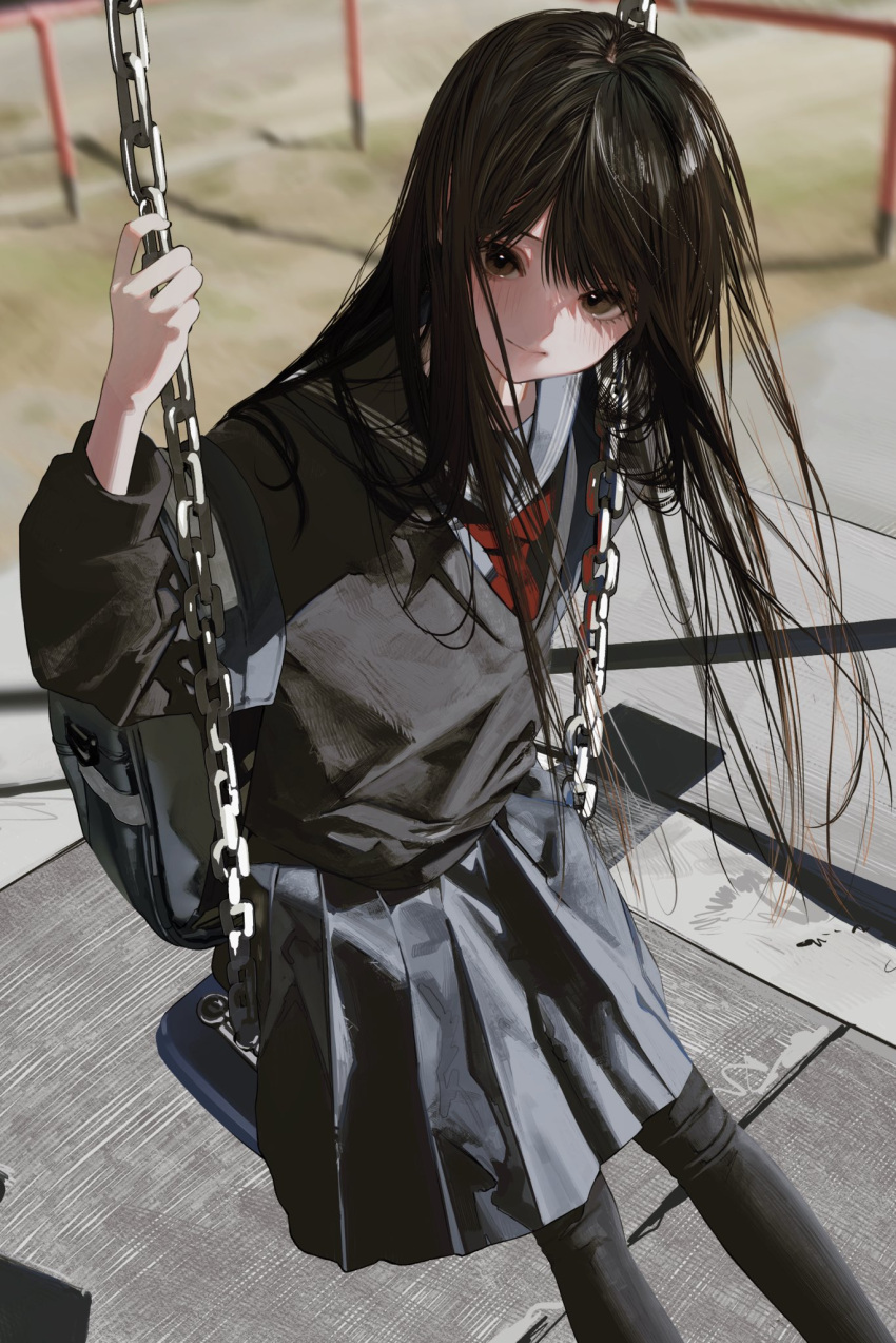 Safebooru - 1girl black cardigan black eyes black hair black pantyhose black skirt blurry blurry ...