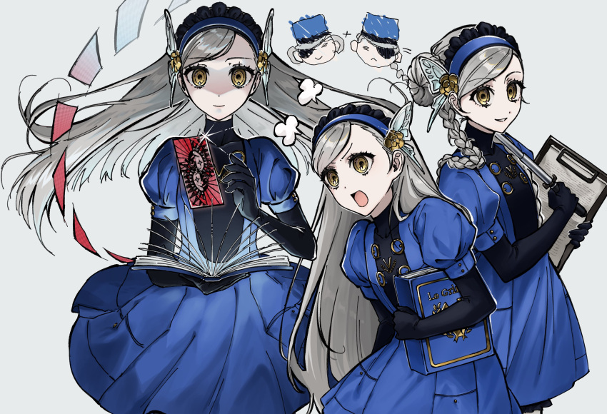 Safebooru - 1girl absurdres alternate hairstyle angry black gloves blue dress blue hairband book ...