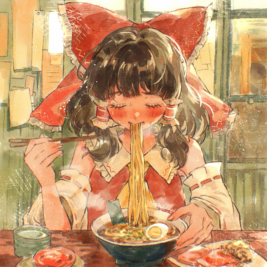 Safebooru - 1girl ascot bow bowl brown hair chopsticks closed eyes ...