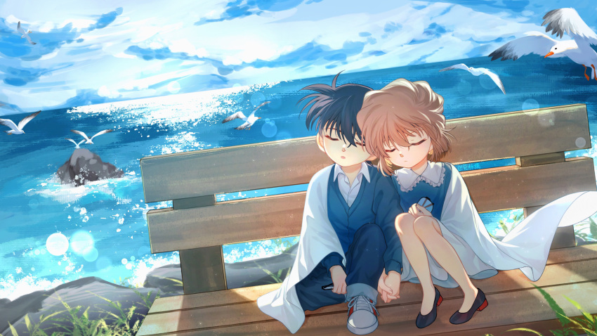 Safebooru - 1boy 1girl bench bird black footwear black hair blue jacket blue shirt child closed ...