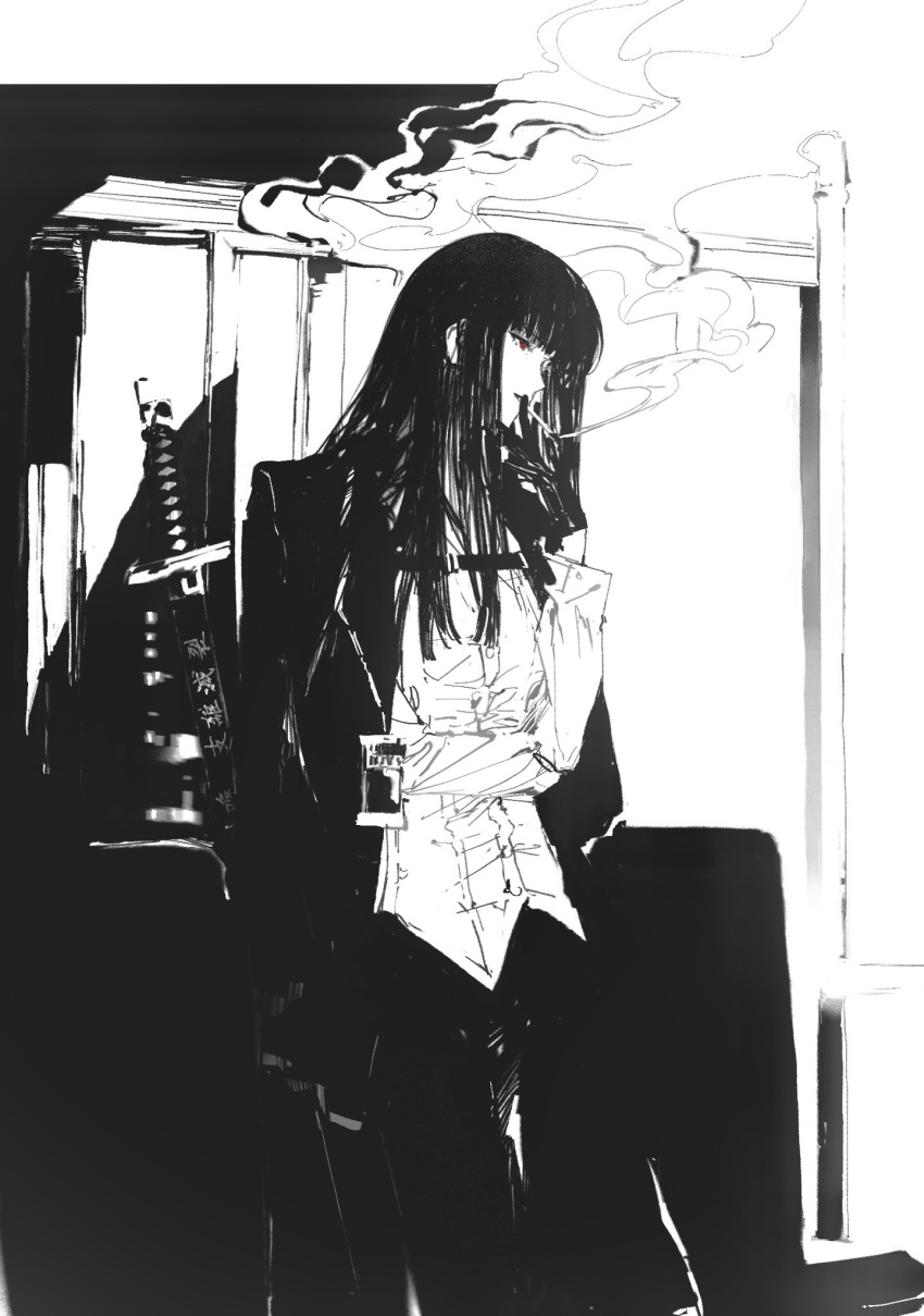 Safebooru - 1girl alternate hair length alternate hairstyle black suit blunt bangs chest harness ...