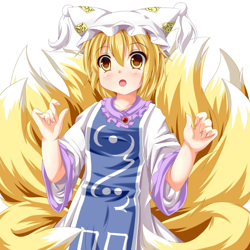 Safebooru - arms up bad id blonde hair blush dress fox tail hat hat ...