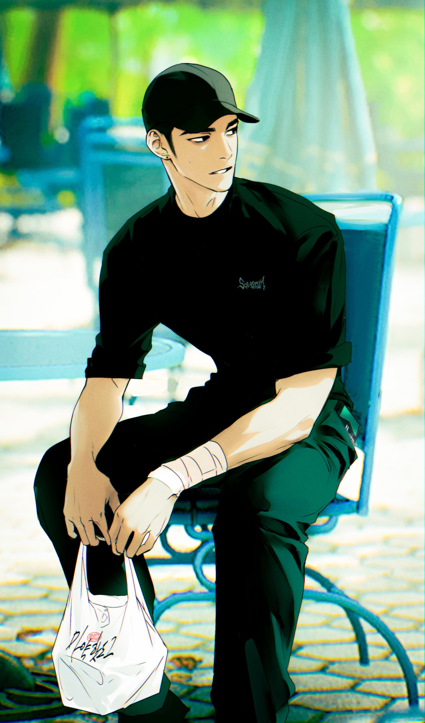 Safebooru - 1boy absurdres bag bandaged arm bandages baseball cap black eyes black hair black ...