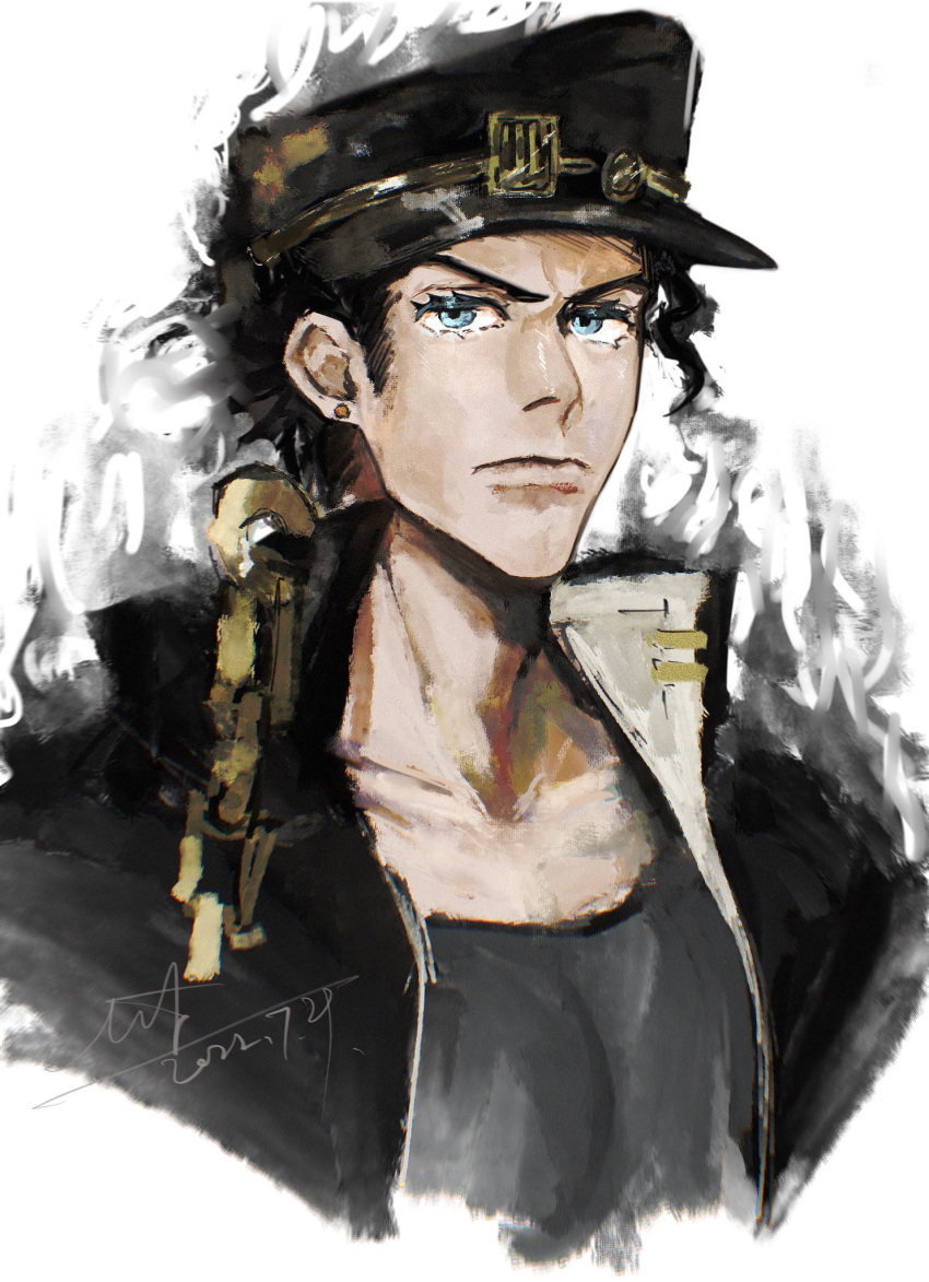 Safebooru - 1boy black hair black hat blue eyes chain closed mouth cropped torso earrings ...