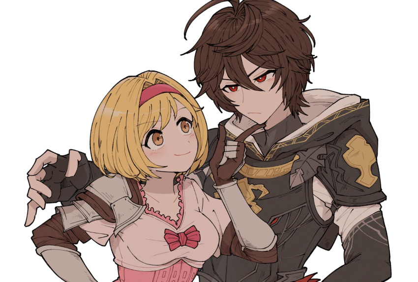 Safebooru - 1boy 1girl ahoge armor blonde hair breastplate breasts brown eyes brown hair djeeta ...