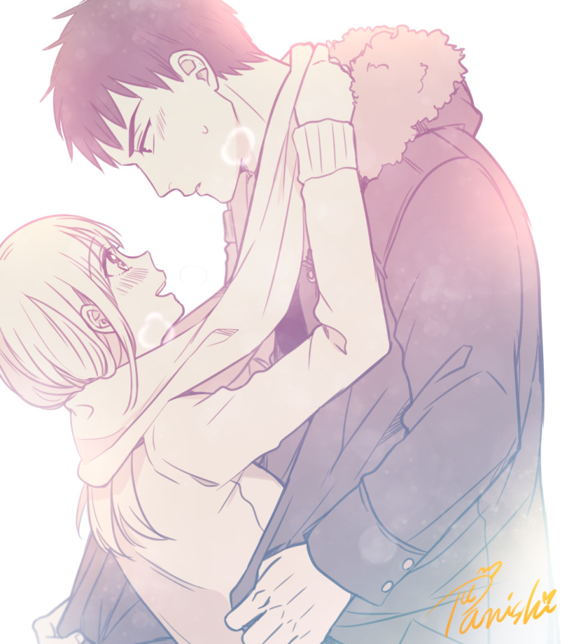 Safebooru - 1boy 1girl breath coat commentary request dressing another eye contact fujihashi ...