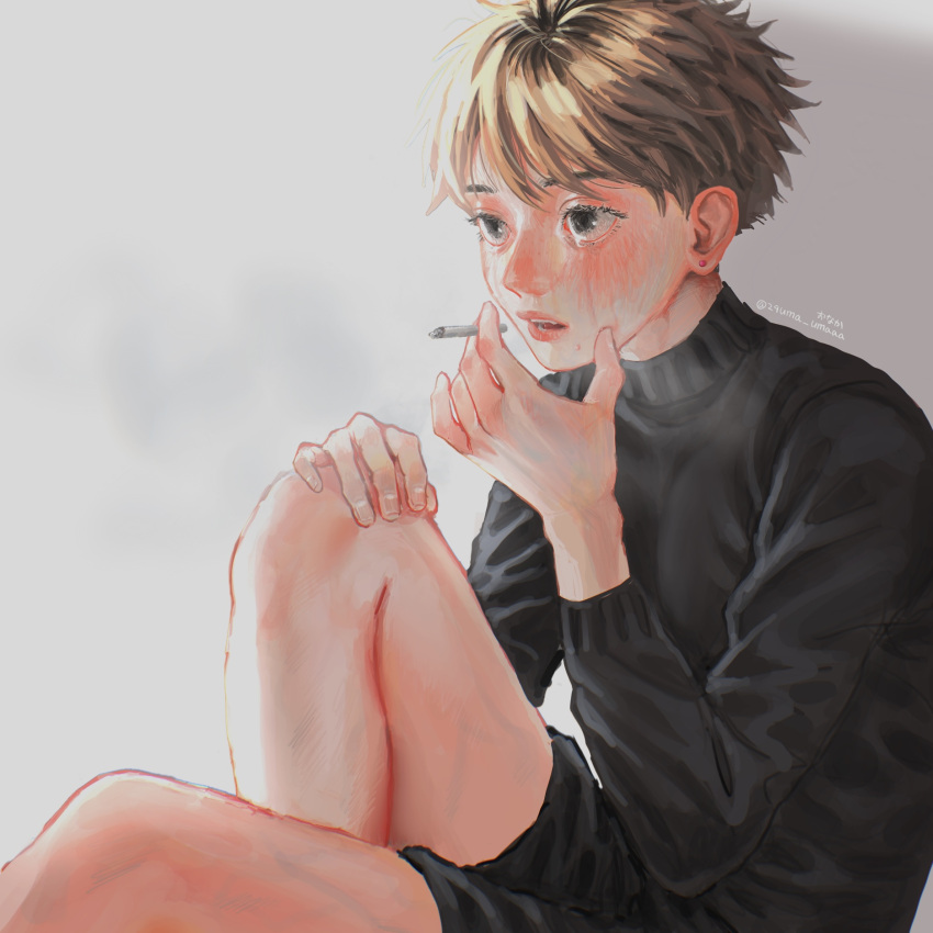 Safebooru - 1girl black eyes black sweater brown hair cigarette commentary request crying grey ...