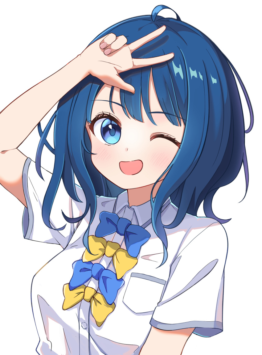 Safebooru - 1girl absurdres ahoge blue bow blue bowtie blue eyes blue hair bow bowtie collared ...