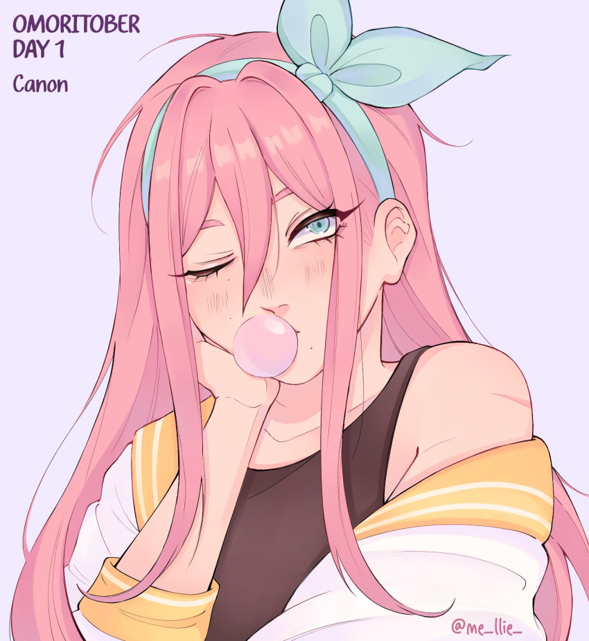 Safebooru - 1girl aubrey (faraway) (omori) aubrey (omori) blowing bubbles blue eyes blue ...