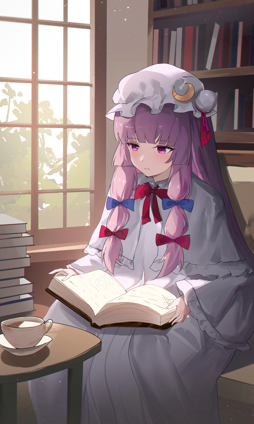 Safebooru - 1girl absurdres blue bow blunt bangs blush book book stack bookshelf bow bowtie ...