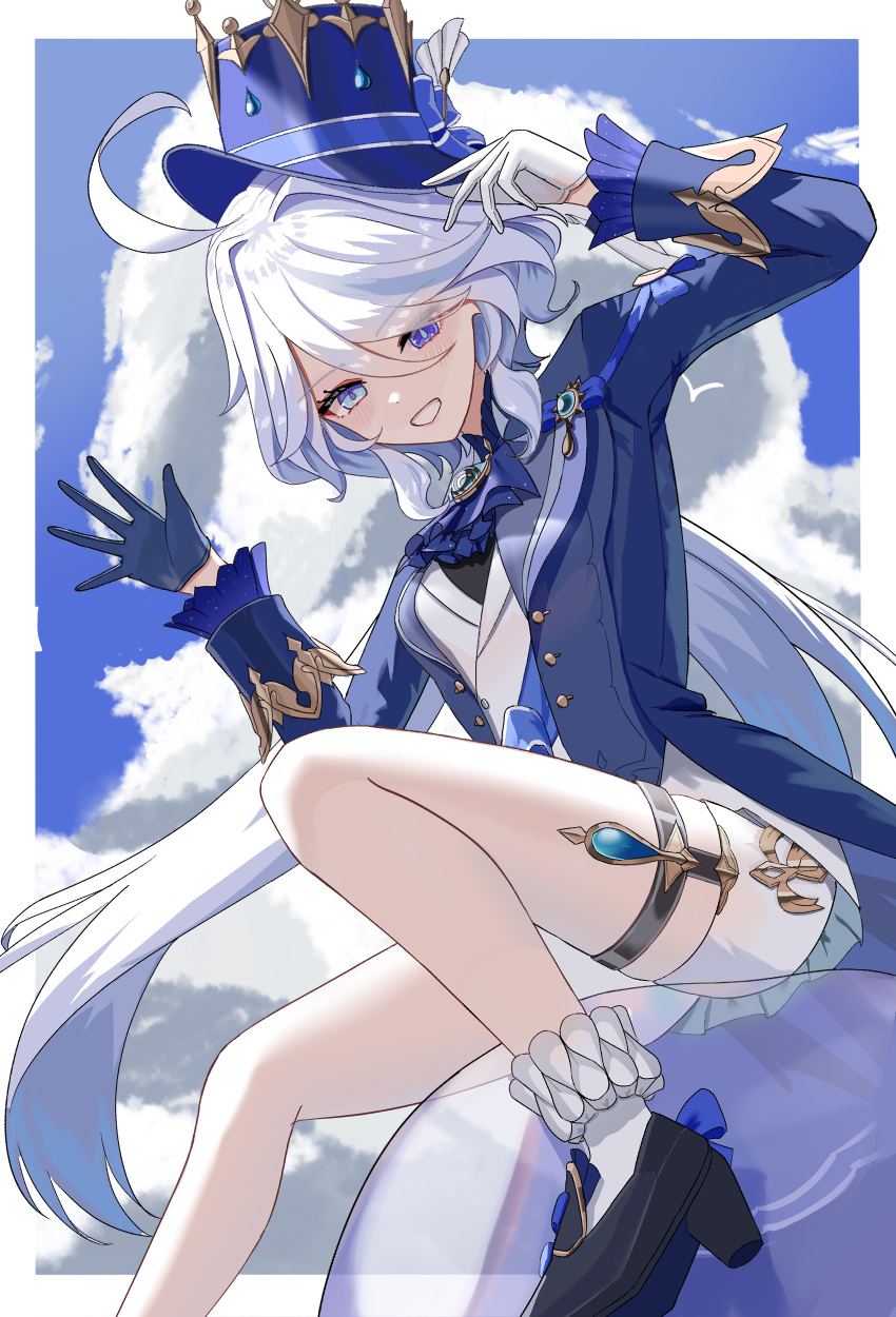 Safebooru - 1girl absurdres ahoge ascot asymmetrical gloves black footwear black gloves blue ...