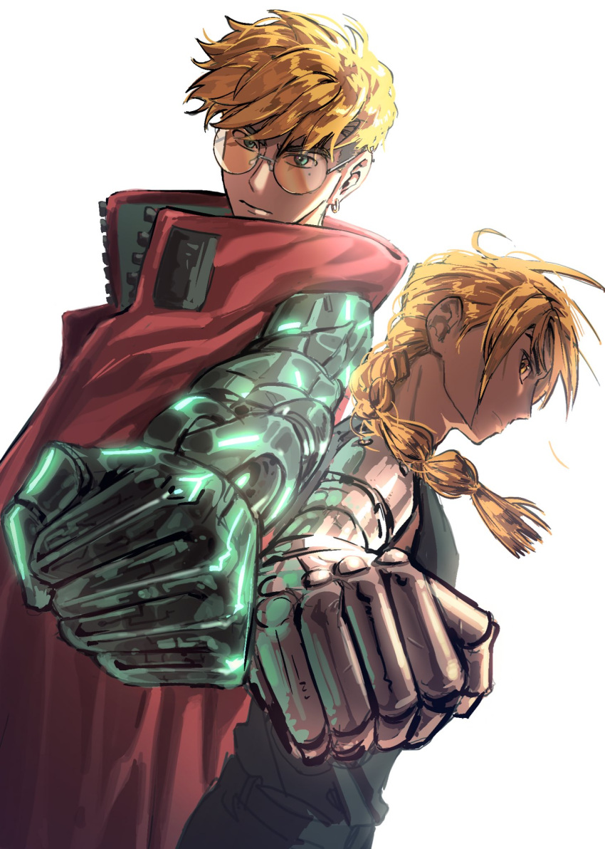 Safebooru - 2boys ahoge automail black tank top blonde hair braid clenched hands closed mouth ...