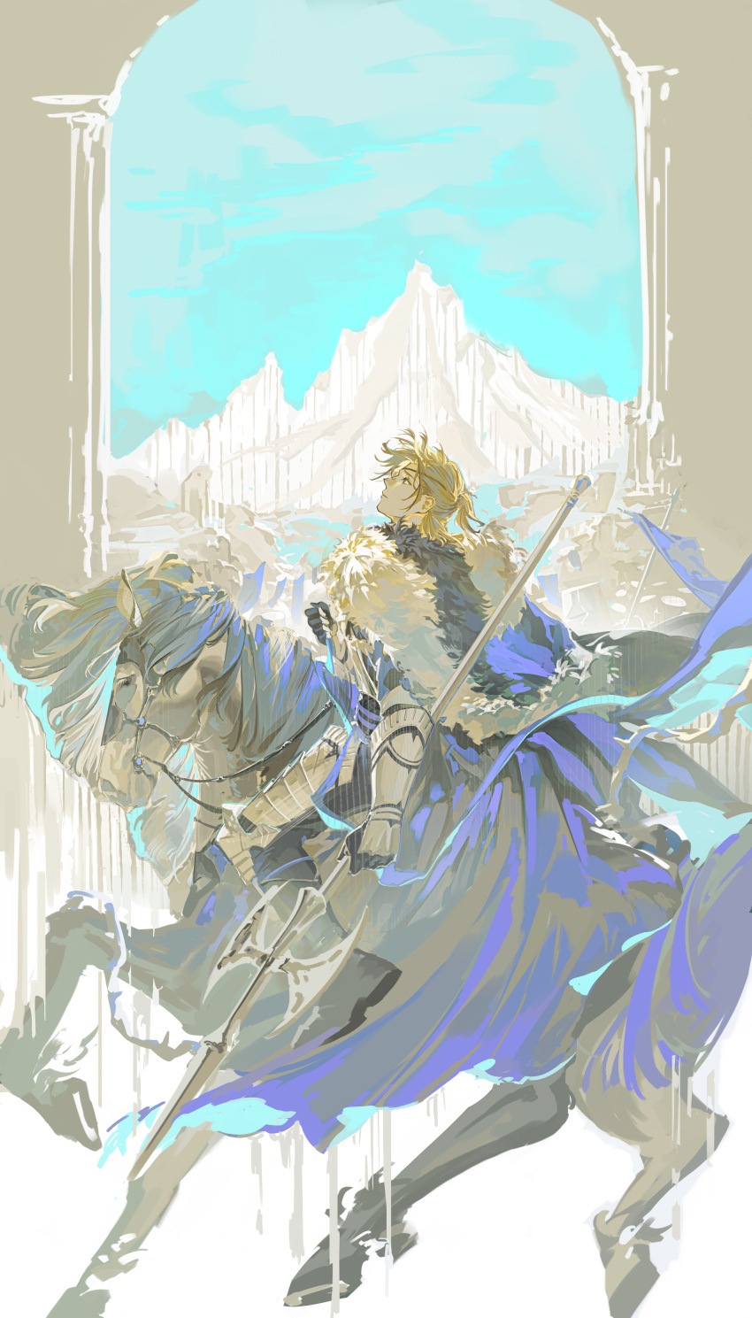 Safebooru - 1boy absurdres animal armor blonde hair blue cape blue sky cape clenched hand closed ...