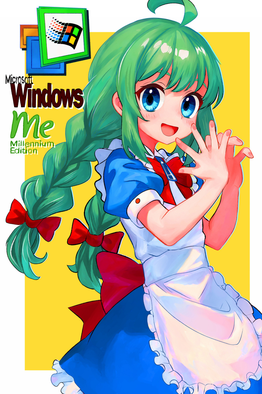 Safebooru - 1girl :d absurdres ahoge alternate eye color apron blue dress blue eyes blush bow ...