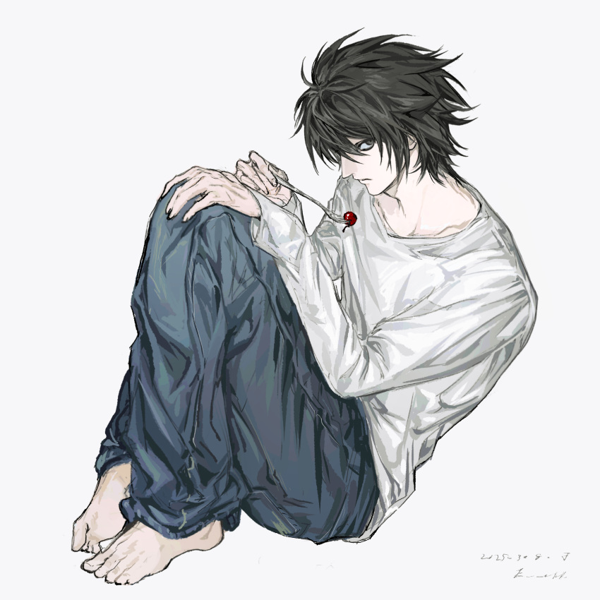 Safebooru - 1boy 8knff black hair cherry death note denim food fork ...