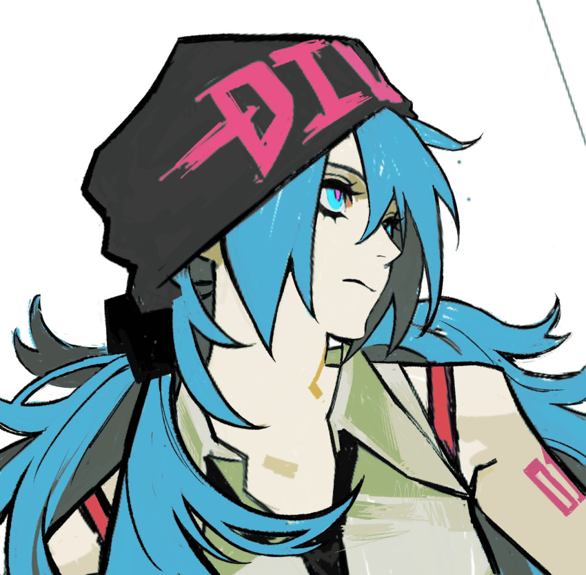 Safebooru - 1girl :/ bare shoulders beanie black hat black necktie blue eyes blue hair closed ...