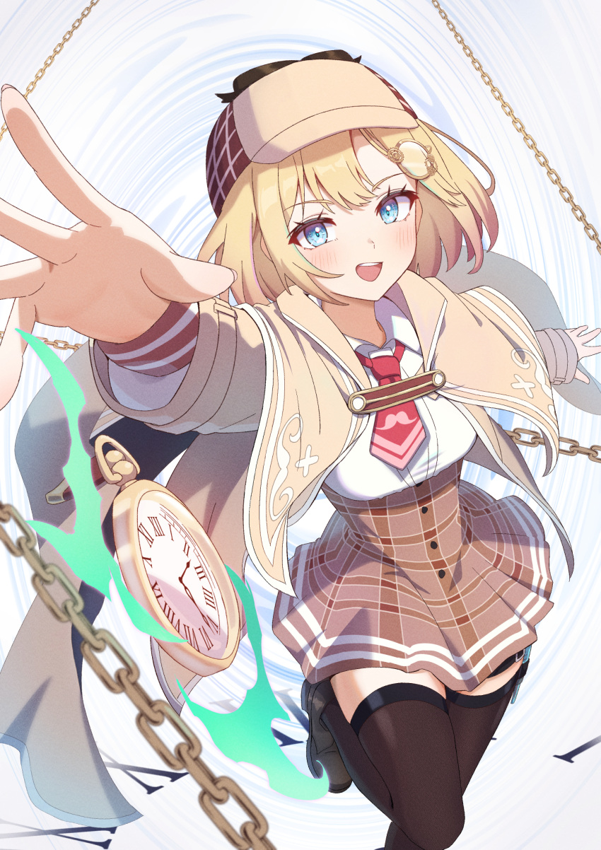 Safebooru - 1girl :d blonde hair blue eyes blush brown capelet brown ...